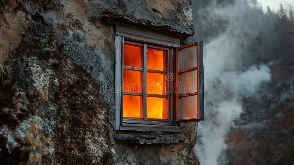 A Rustic Window Embedded in a Stone Wall Reveals an Intense Orange Glow ...