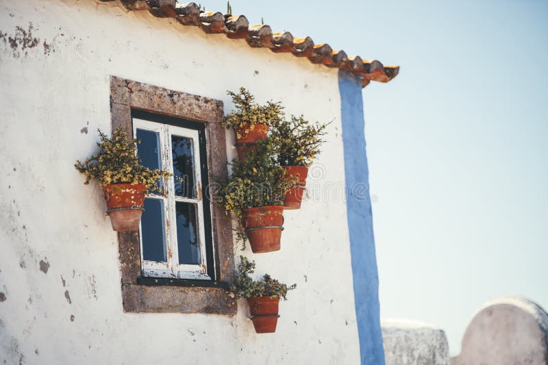 Rustic Window with Flower Pots Stock Image - Image of bloom, heritage ...