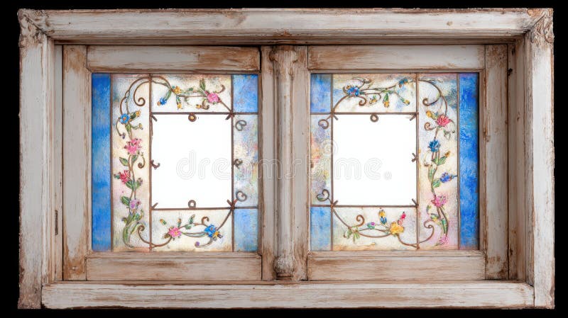 Rustic Window Frame with Delicate Colorful Stained Glass and ...