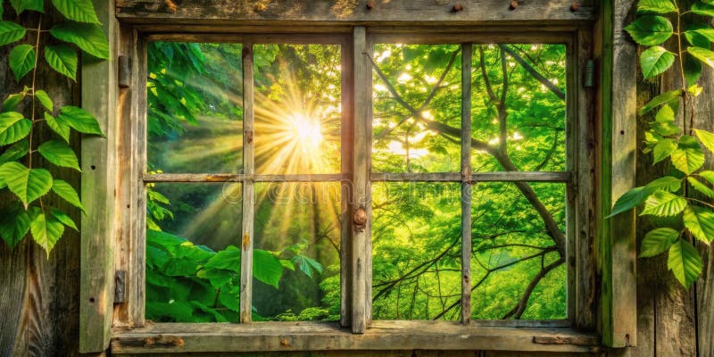 Rustic Window Frame Reveals Sunlit Forest Canopy, Lush Green Foliage ...