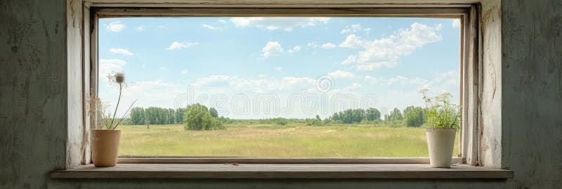 A Rustic Window Frames a View of a Peaceful Meadow with a Blue Sky and ...