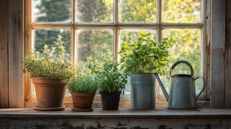 A Rustic Window Sill with Potted Herbs and a Watering Can beside Them ...
