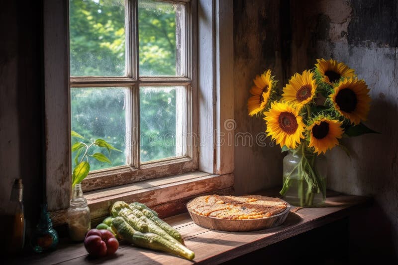 A Rustic Window Sill with Sunflowers and a Simple Plate of Food Stock ...