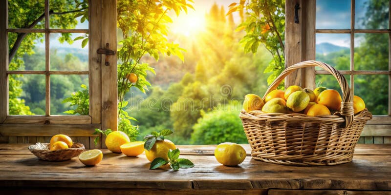 Rustic Window View with Basket of Fresh Citrus Fruit on Wooden Table ...