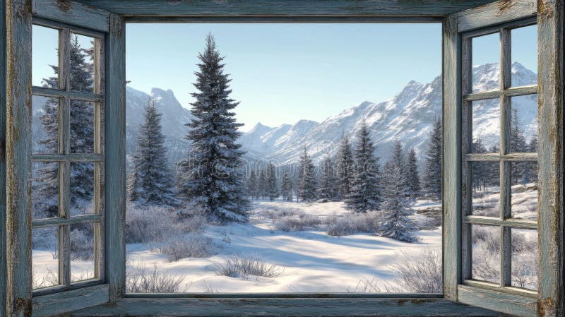 Rustic Window View of Snowy Mountain Landscape Stock Illustration ...