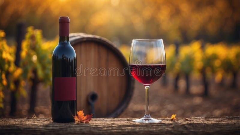 Rustic Wine Barrel in Autumn Vineyard with Glass of Red Wine. Stock ...