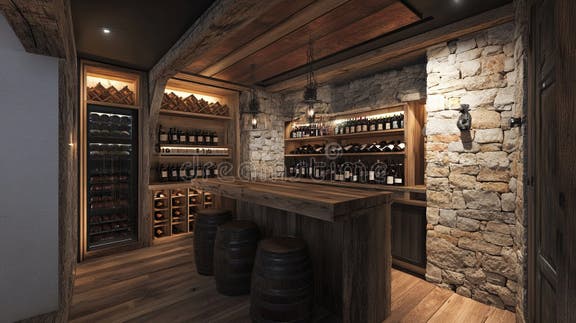 Rustic Wine Cellar Bar with Stone Walls. Stock Image - Image of wooden ...