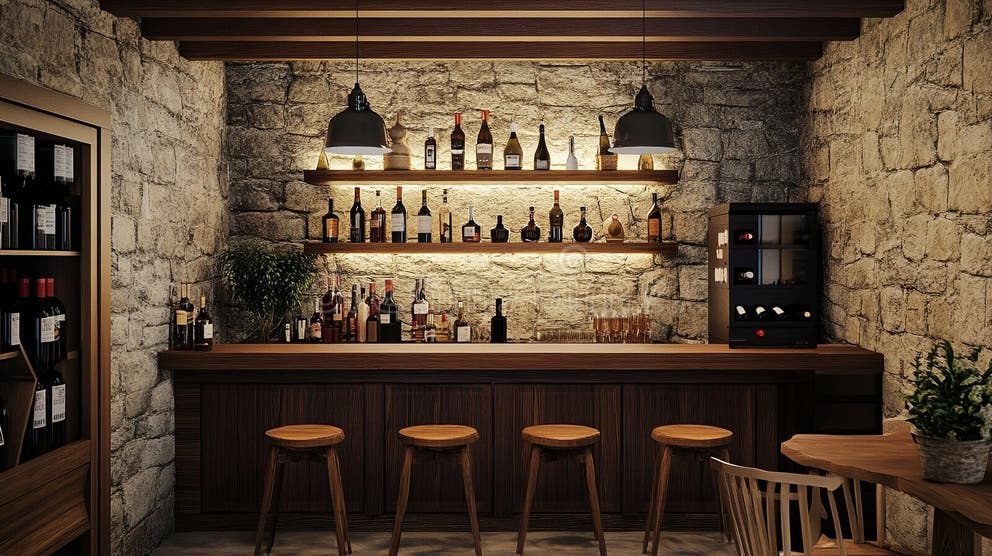 Rustic Wine Cellar Bar with Stone Walls. Stock Image - Image of walls ...
