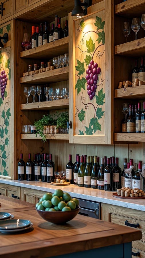 Rustic Wine Cellar with Grapevine Art and Wine Bottles on Wooden Shelves Stock Image - Image of ...