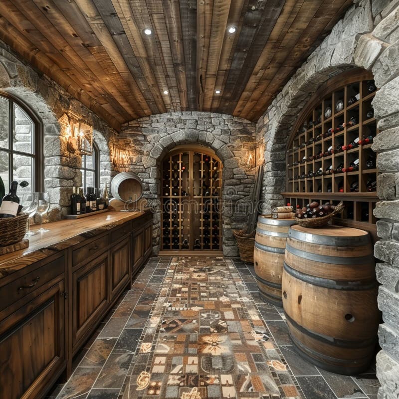 Rustic Wine Cellar with Stone Walls and Wooden Wine Racks Stock Image ...