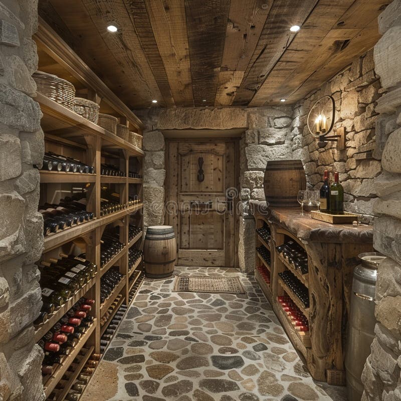Rustic Wine Cellar with Stone Walls and Wooden Wine Racks Stock Photo ...