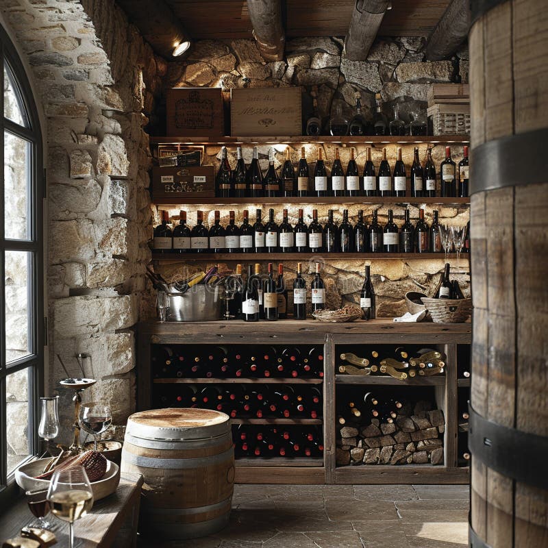 Rustic Wine Cellar with Stone Walls and Wooden Wine Racks Stock Image ...