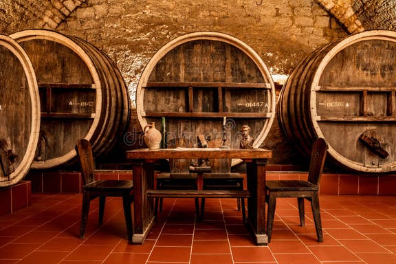 A Rustic Wine Cellar with Three Barrels and a Table with Two Chairs ...