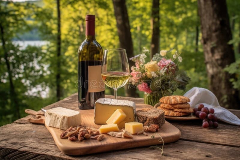 Rustic Wine and Cheese Pairing on Wooden Picnic Table Stock ...