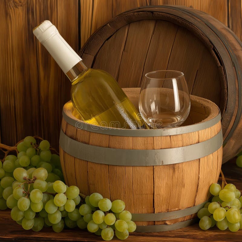 Rustic Wine Display with Wooden Barrel and Green Grapes on Wooden ...