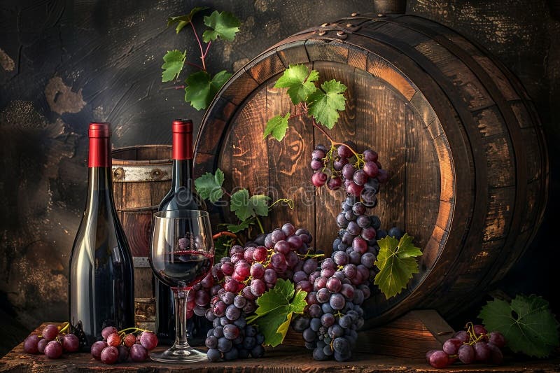 Rustic Wine Still Life with Grapes and Barrel. Generative AI Stock ...