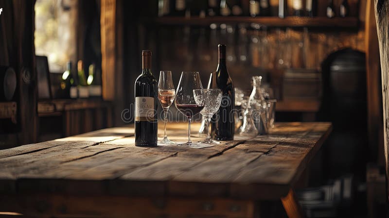 A Rustic Wine Tasting Setup with Glasses and Bottles on a Wooden Table ...