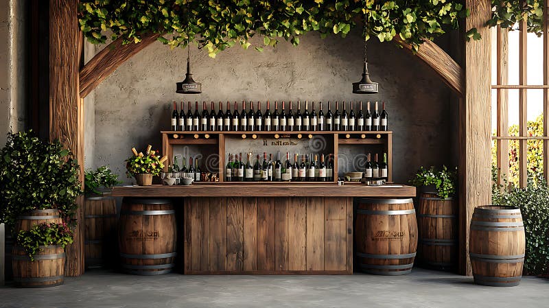 Rustic Wine Tasting Station Featuring Wooden Barrels, Shelves of Wine ...