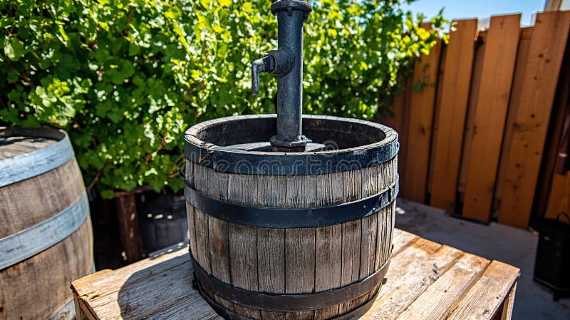 Rustic Winery Barrel Water Pump, Vineyard Background Stock Image ...