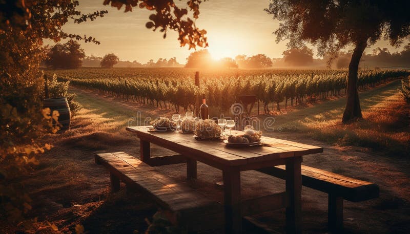 Rustic Winery Landscape, Grape Vines Back Lit Generated by AI Stock ...