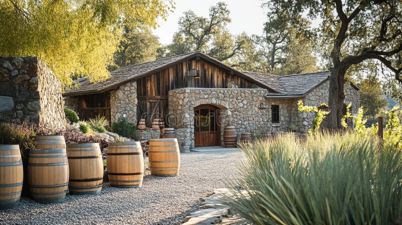 A Rustic Winery with Oak Barrels Stacked Along Stone Walls. Picture ...