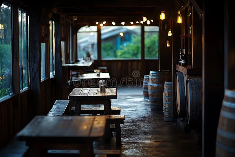 Rustic Winery Tasting Room Interior with Wooden Tables and Barrels ...