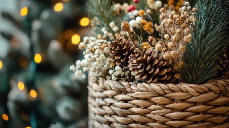 Rustic Winter Basket with Pine Cones and Festive Decorations Stock ...