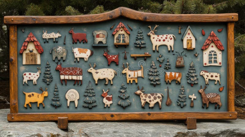Rustic Winter Farm Animal Applique in Wooden Frame Stock Illustration ...