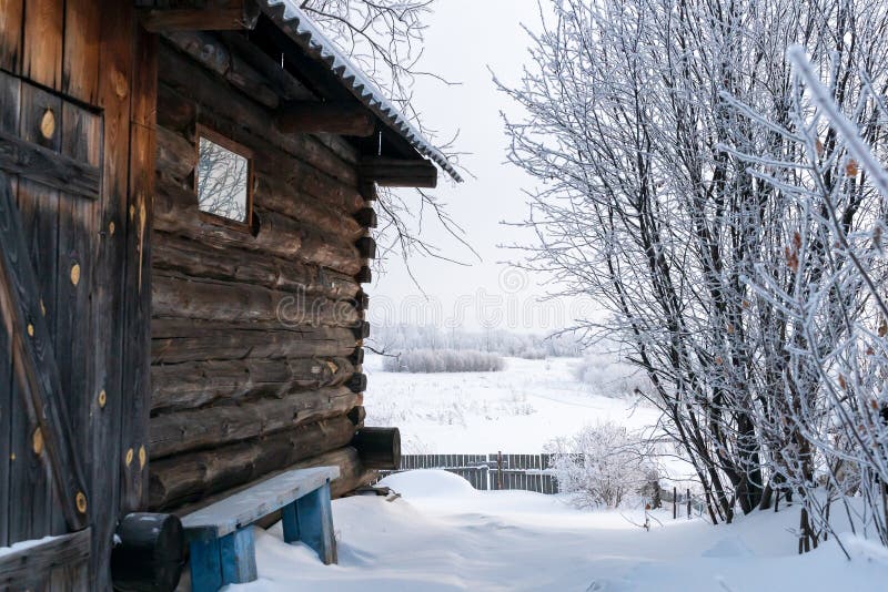 Rustic Winter Frosty Day. Landscape Stock Photo - Image of blue, roof ...