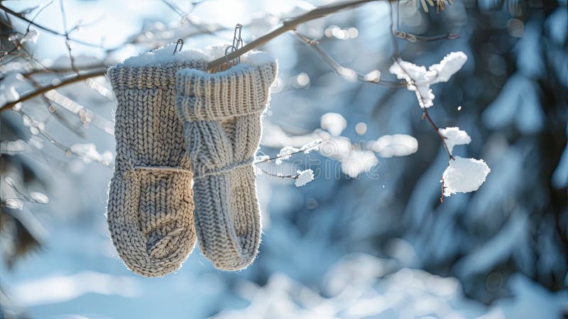 Rustic Winter Scene Cable-knit Mittens Hanging on Snowy Clothesline AI ...