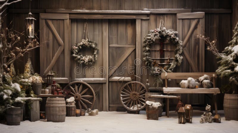 Rustic Winter Scene Featuring Wooden Decorations and Snow Stock ...