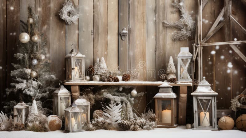 Rustic Winter Scene with Wooden Decorations and Snow Stock Illustration ...