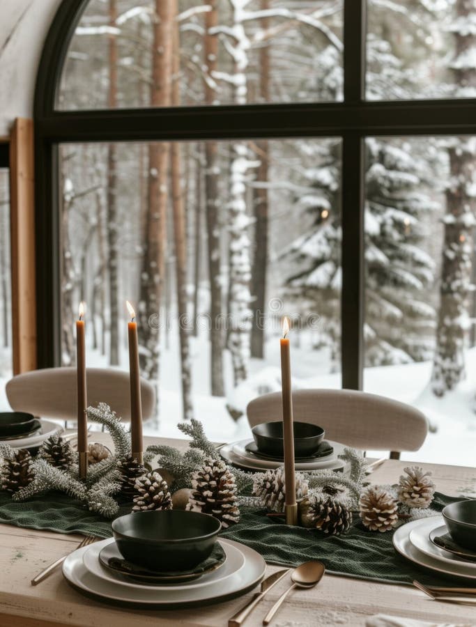 Rustic Winter Table Setting with Pinecones, Candles, and Snowy Forest ...