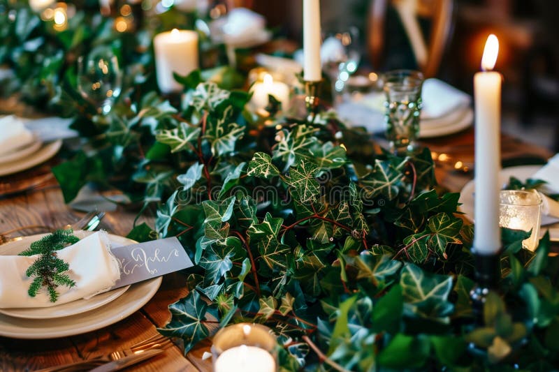 Rustic Winter Wedding Table Setting with Ivy Centrepiece Stock ...