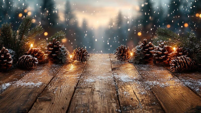 Rustic Winter Wonderland Scene with Snowy Pine Cones on Wooden Table ...