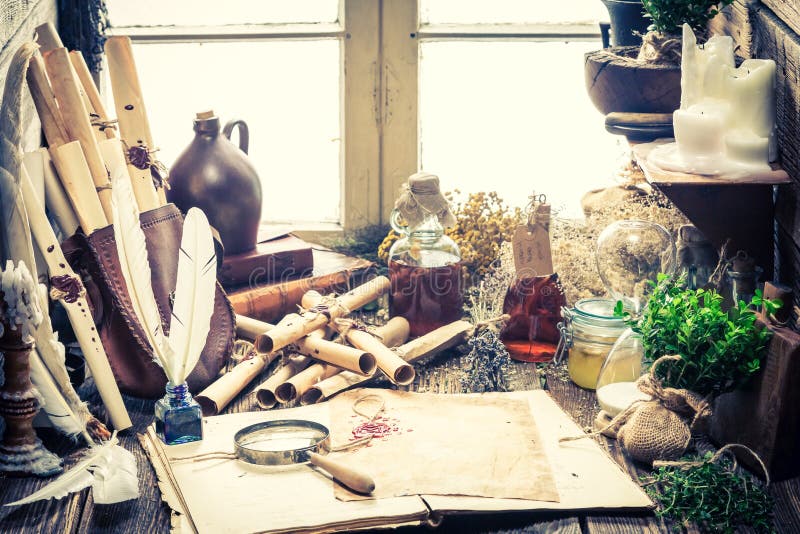 Rustic Witch Workshop with Scrolls and Plants Stock Photo - Image of ...
