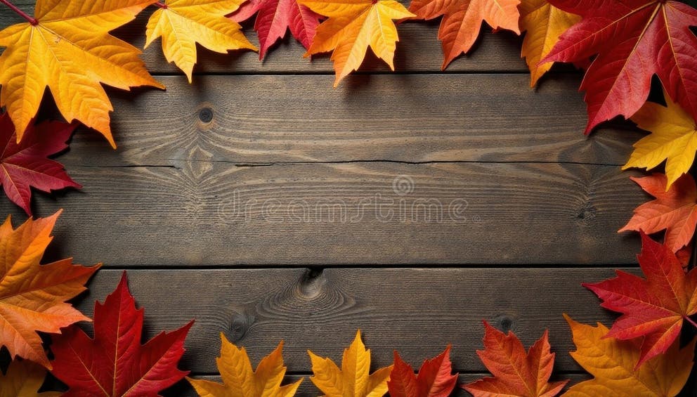 Rustic Wood Background with Scattered Fall Leaves, Square , Border ...