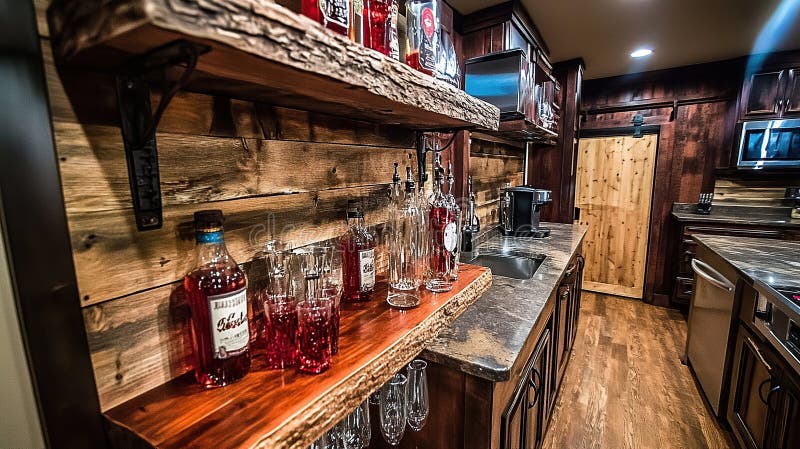 Rustic Wood Bar Shelves, Liquor, Home Interior Stock Photo - Image of ...