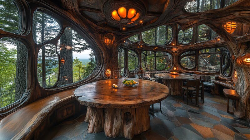 Rustic, Wood-carved Dining Room with Panoramic Views Stock Image ...