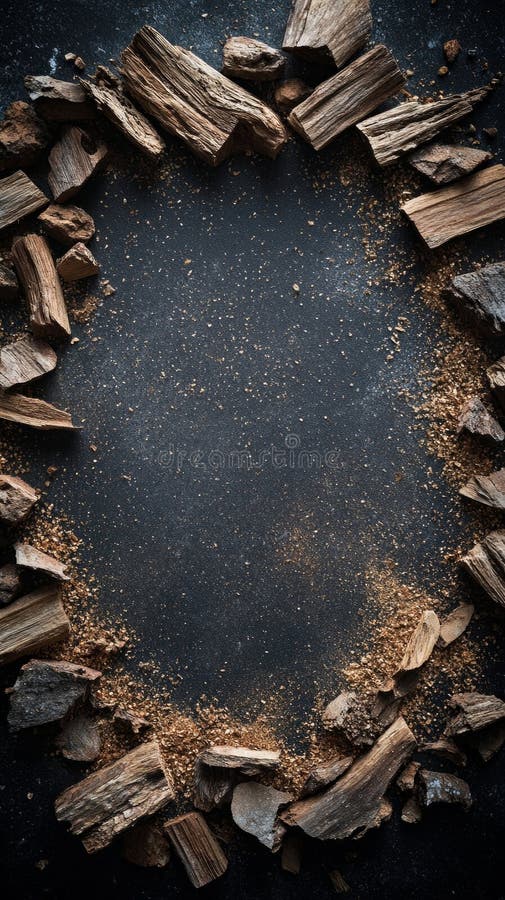 Rustic Wood Chips Frame on Dark Surface for Natural Background Designs ...