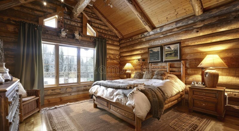 Rustic Wood-Designed Bedroom of a Charming Log Cabin Stock Illustration ...