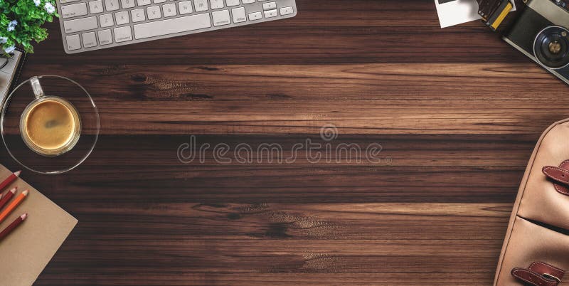 Rustic Wood Designer Desk Table with Photographer Stuff. Top View with ...