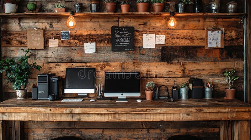 Rustic Wood Desk, Computers, Plants, Urban Office, Workspace Stock ...