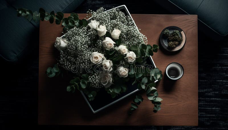 Rustic Wood Desk with Modern Flower Arrangement Generated by AI Stock ...