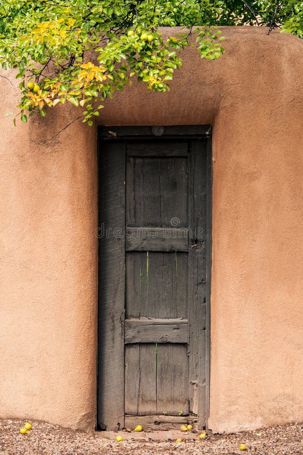 Rustic Wood Door and Pear Tree in Adobe Wall in Santa Fe, New Mexico ...