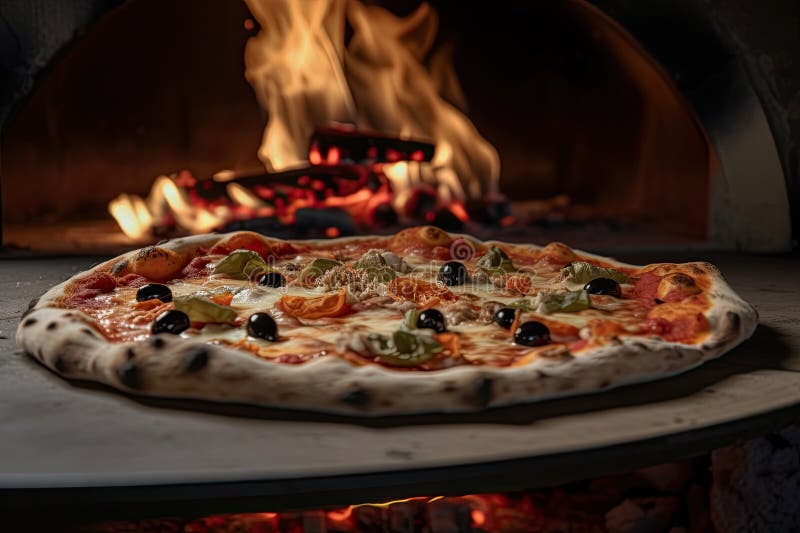 A Rustic Wood-fired Pizza with Olives, Basil, and Fresh Toppings ...