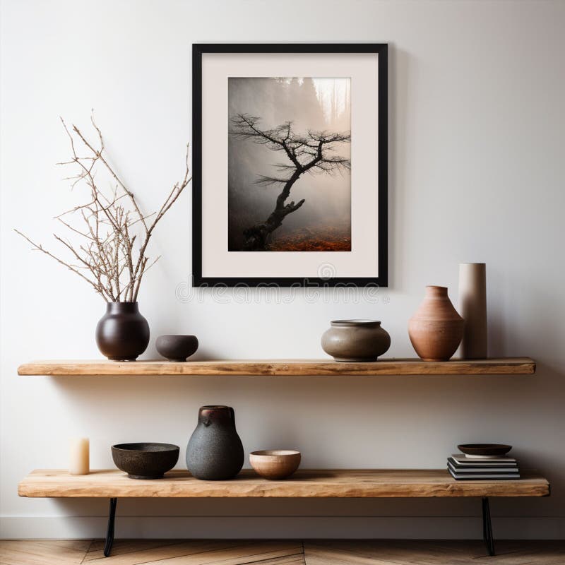 Rustic Wood Floating Shelf with Modern Black Frames with Rustic Wall ...