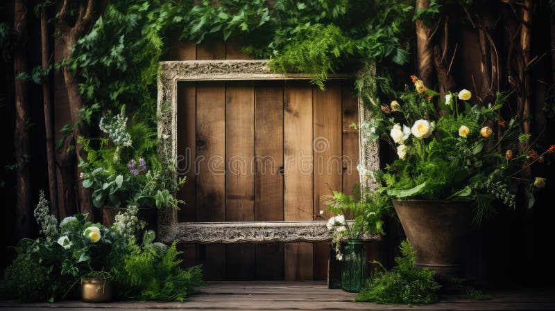 Rustic Wood Frame with Greenery Stock Illustration - Illustration of ...