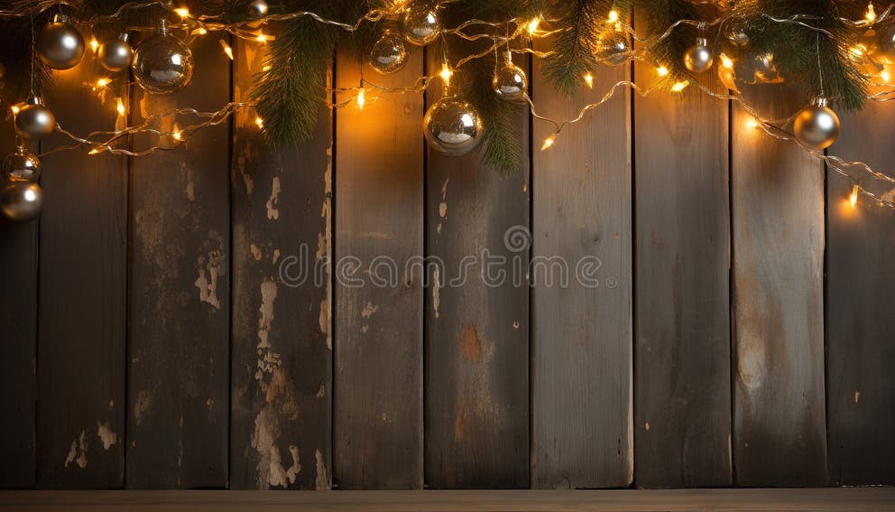 Rustic Wood Plank Backdrop Illuminates Christmas Tree with Shiny ...