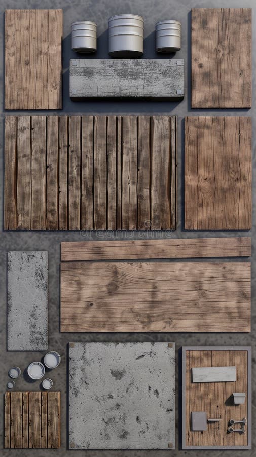 Rustic Wood Planks, Concrete Slabs, and Metal Containers on a Gray ...